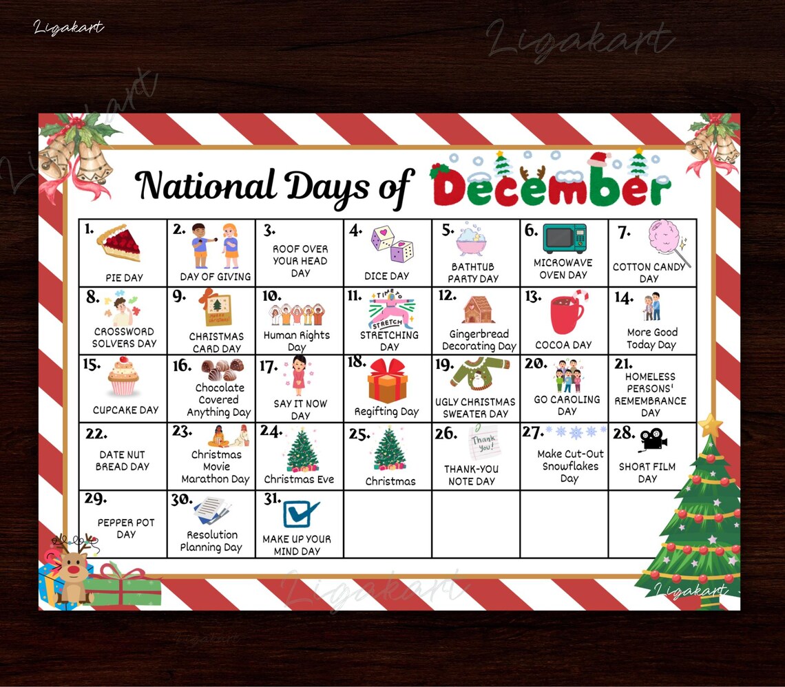 Printable December National Days Calendar, Fun Holiday Season (PDF) - Etsy