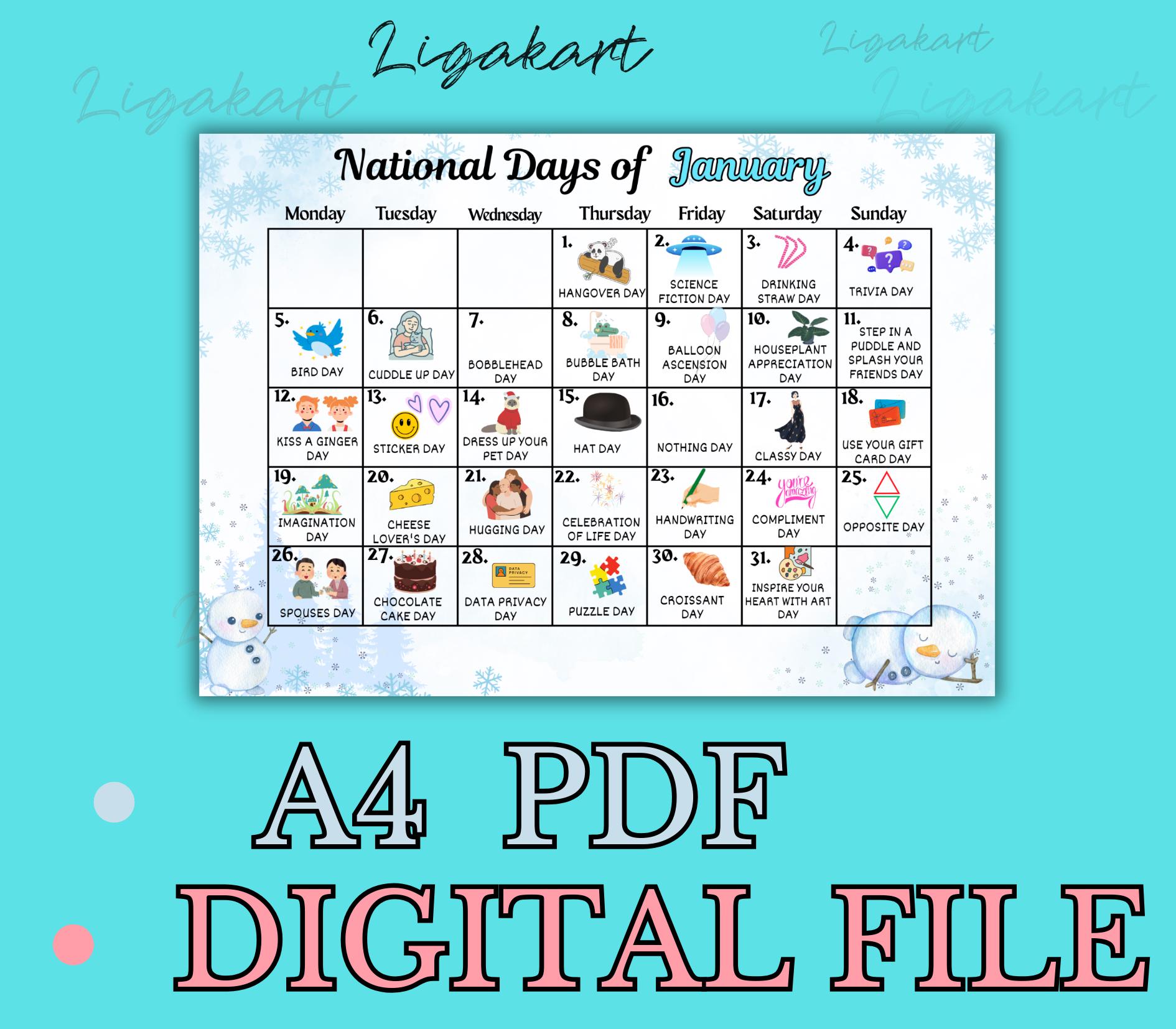 Printable January National Days Calendar, Fun Family Activity (PDF) - Etsy