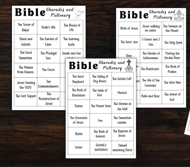 108 Printable Bible Charade Cards, Bible Pictionary Cards, Bible Games ...