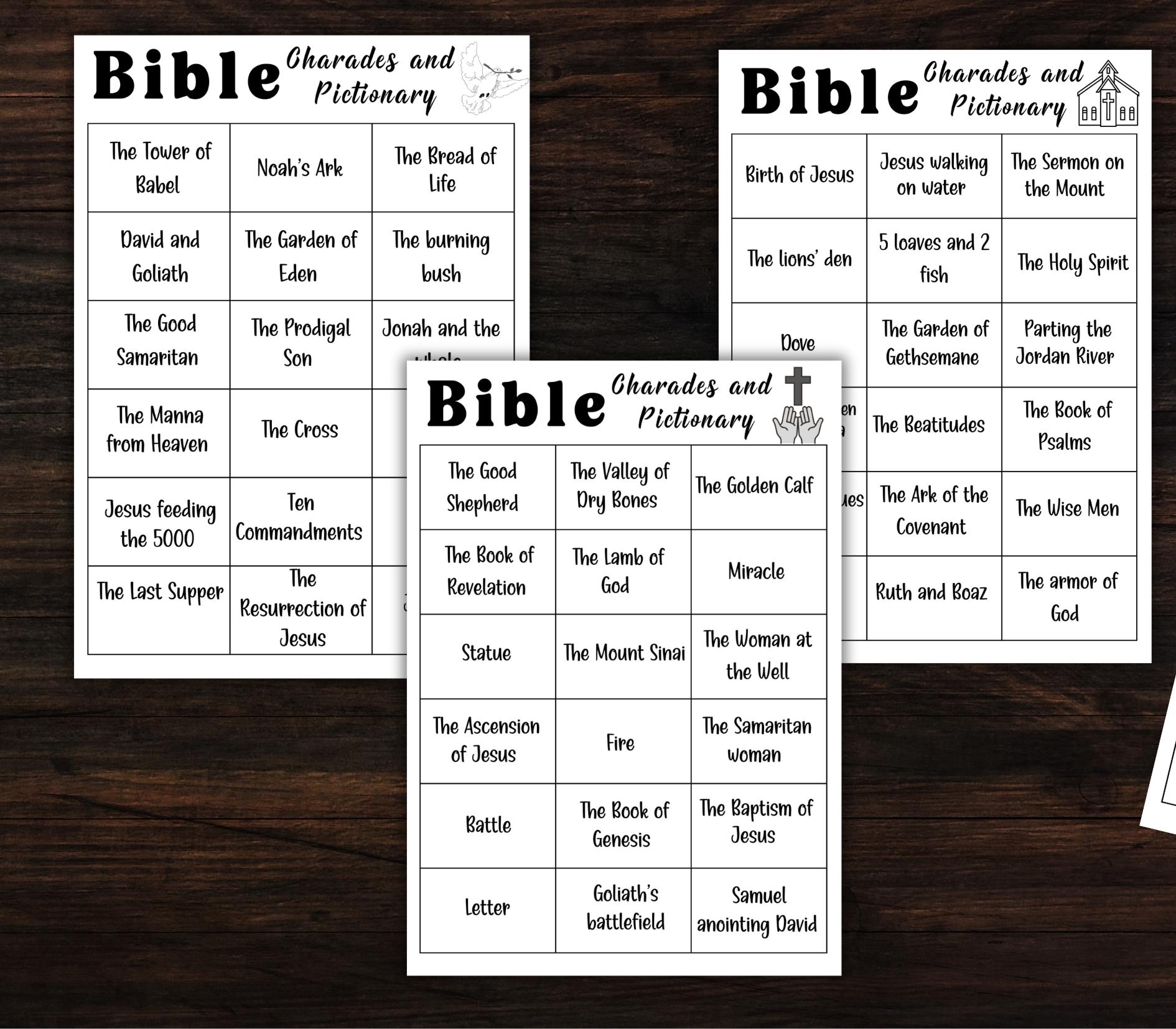 108 Printable Bible Charade Cards, Bible Pictionary Cards, Bible Games ...