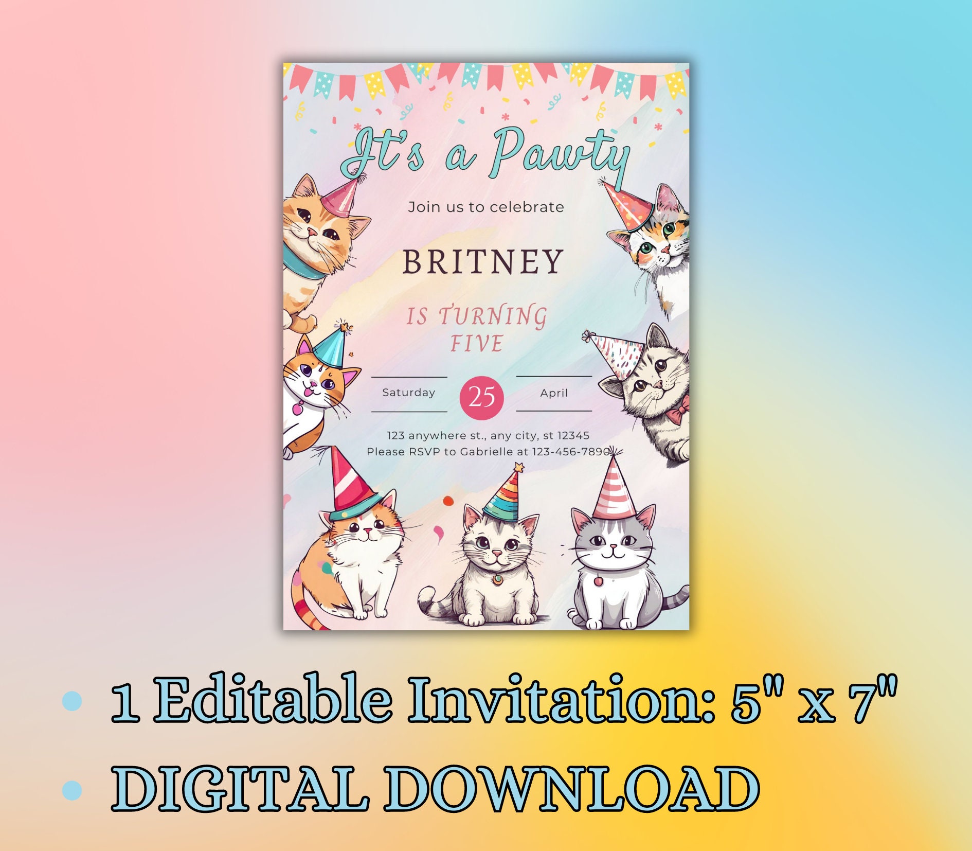 Cat Birthday Invitation, Printable Kitten Invite, Digital Invitation ...