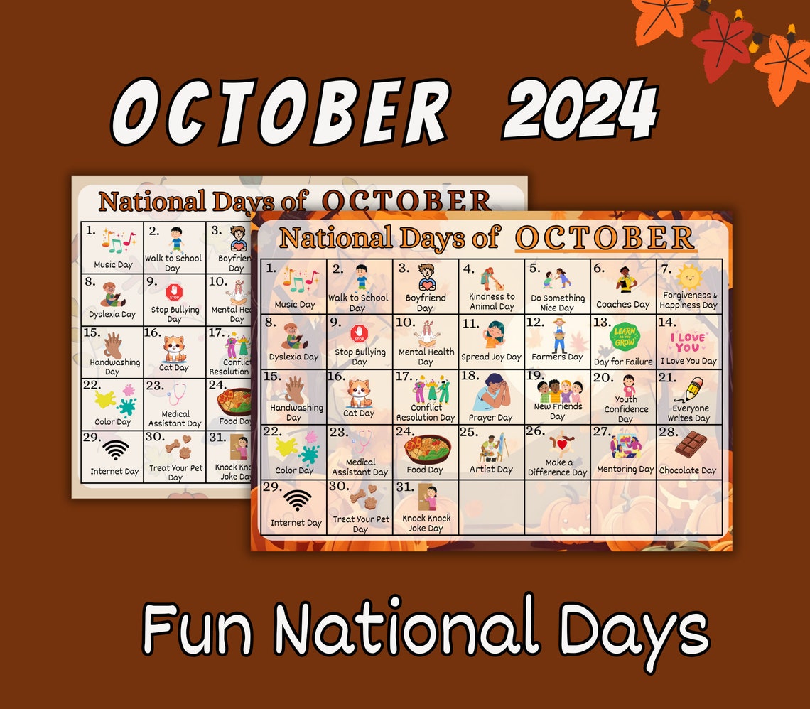 Fun October Holiday Calendar, Printable OCTOBER National Days Calendar ...