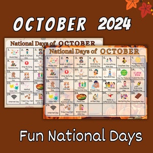 Fun October Holiday Calendar, Printable OCTOBER National Days Calendar ...