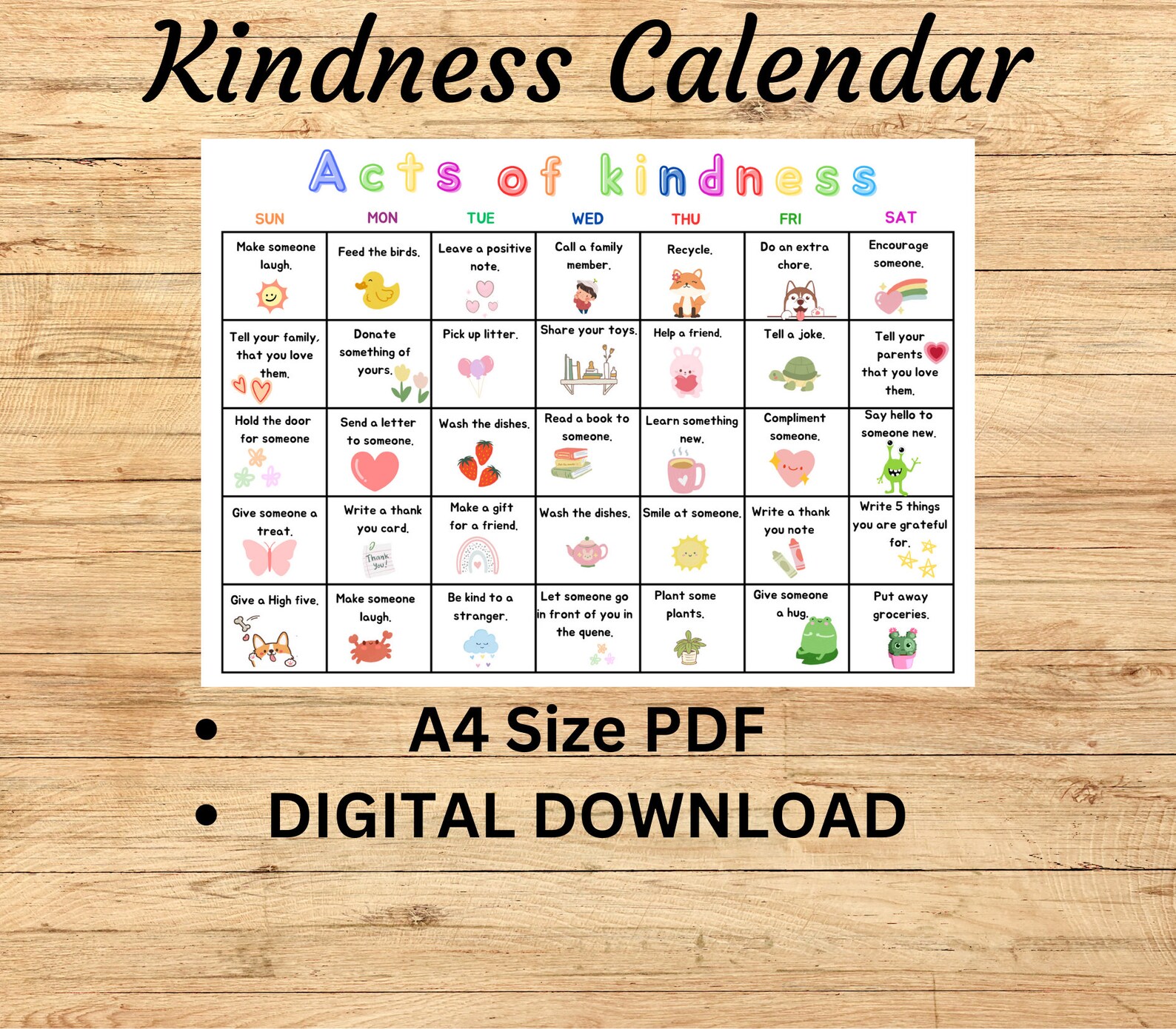 Acts of Kindness Calendar, Kindness Activities for Kids, Random Acts of ...