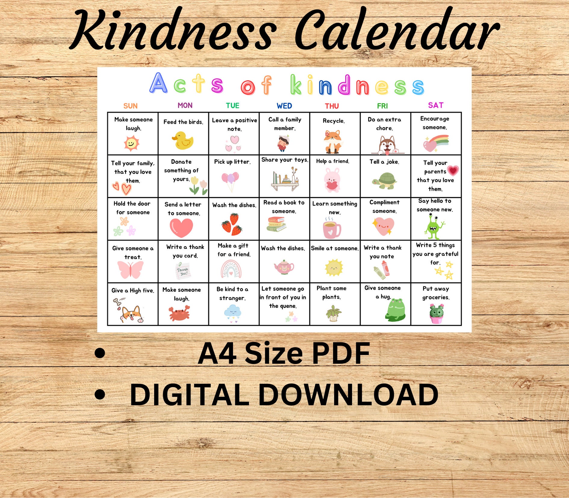 Acts of Kindness Calendar, Kindness Activities for Kids, Random Acts of ...