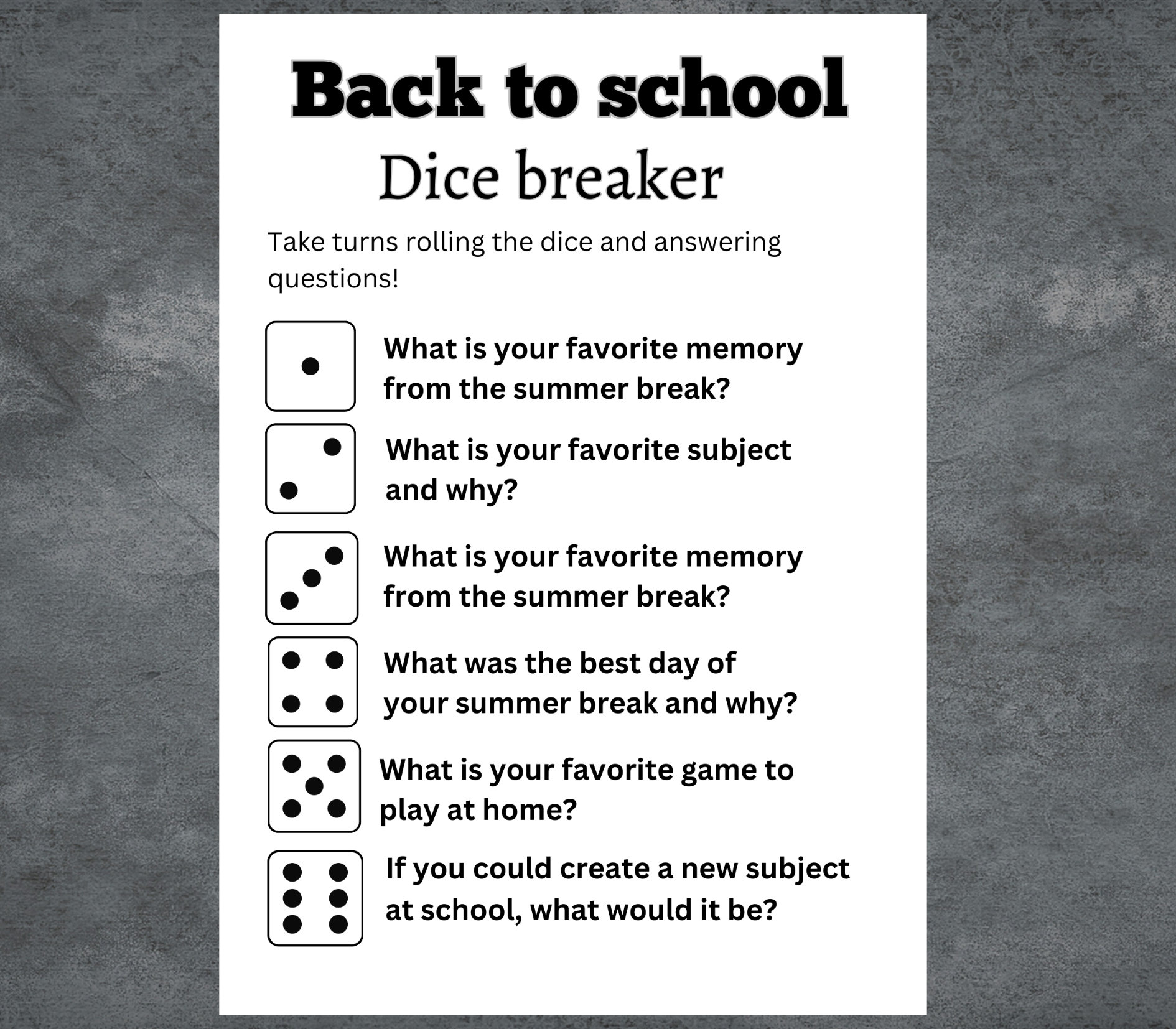 Dice-breaker Roll and Tell Game, Back to School, First Day of School ...