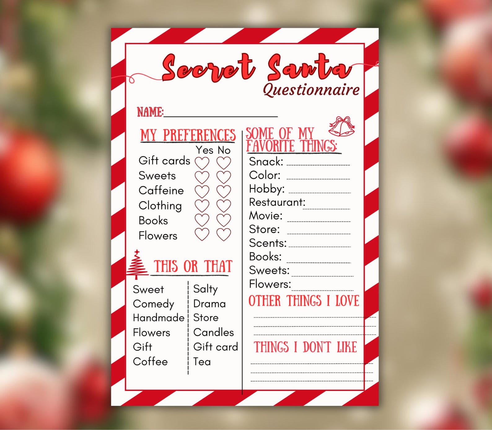 Secret Santa Survey, Christmas Questionnaire, Christmas Gift Exchange ...