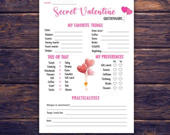 Secret Valentine Survey Questionnaire, Valentine's Day Gift Exchange ...