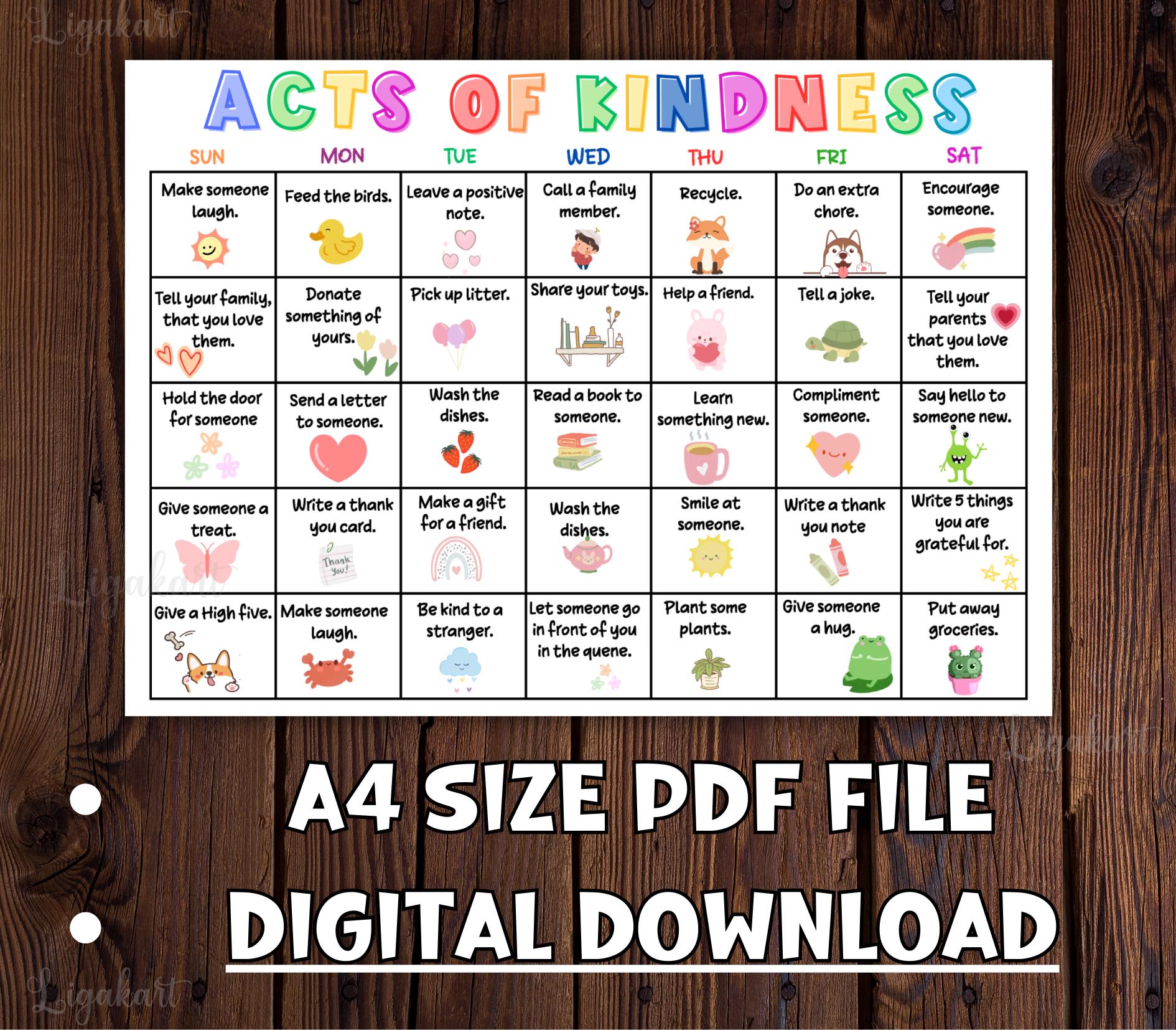 Acts of Kindness Calendar, Kindness Activities for Kids, Random Acts of ...