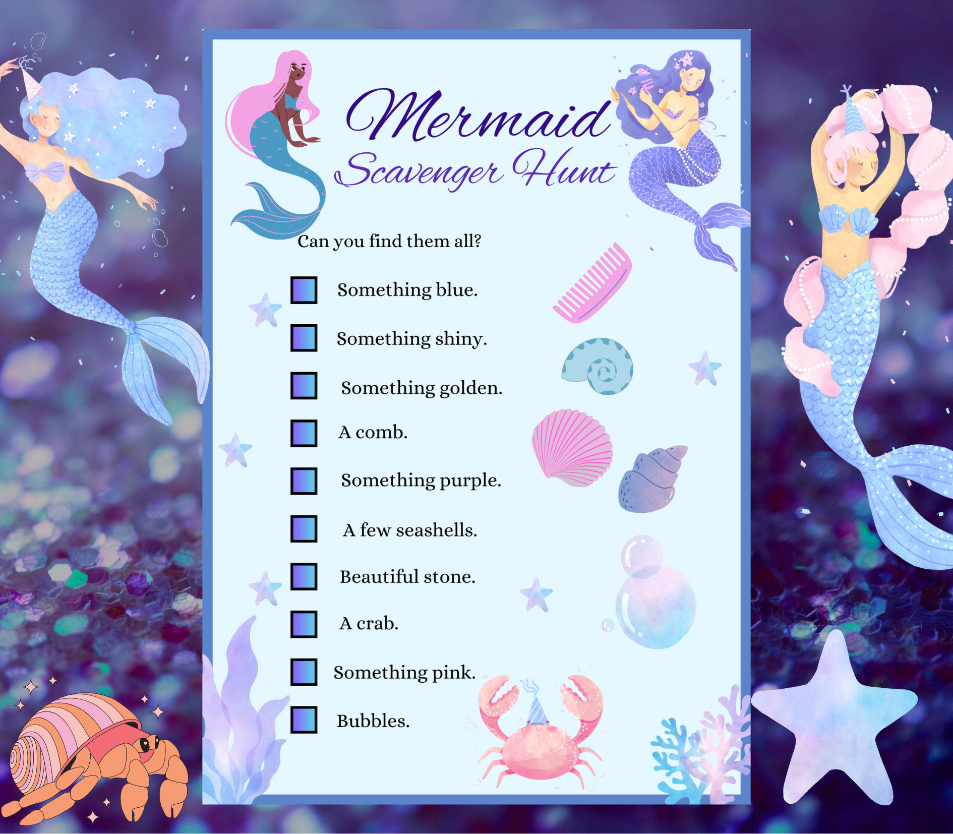 Mermaid Themed Treasure Hunt, Kids Birthday Party Games, Ocean Activity ...