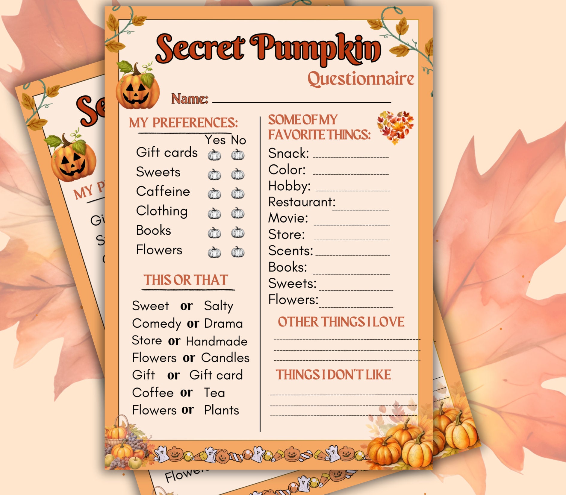 Secret Pumpkin Questionnaire, Secret Boo Survey, Halloween Gift ...