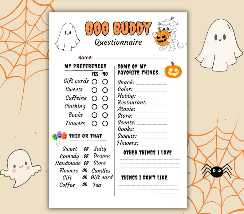 Printable Boo Buddy Questionnaire, Secret Halloween Survey, Halloween Gift Exchange, Get to Know ...