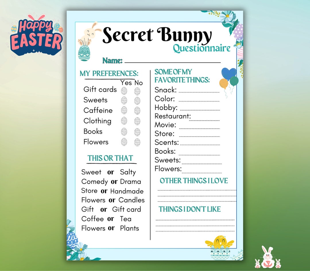 Secret Bunny Survey Questionnaire, Easter Gift Exchange, Easter ...