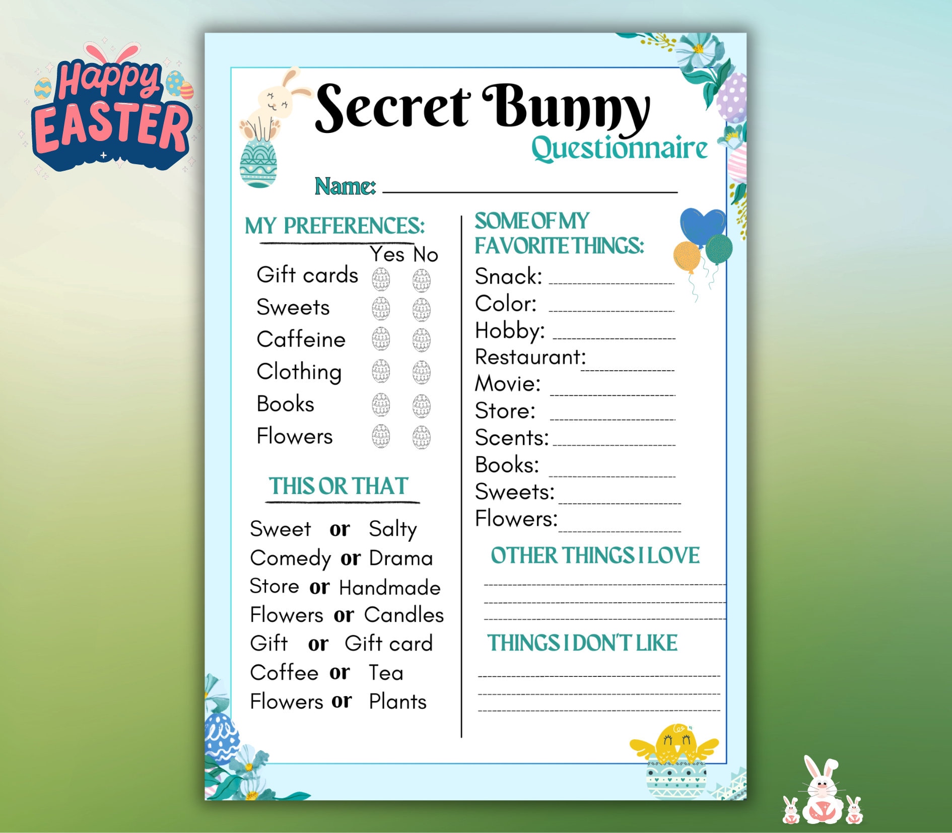 Secret Bunny Survey Questionnaire, Easter Gift Exchange, Easter ...