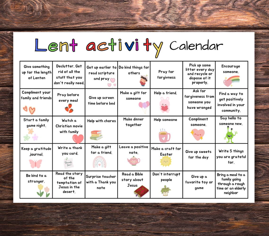 Lent Activity Calendar for Kids, 40 Days Lenten Calendar, Ash Wednesday ...
