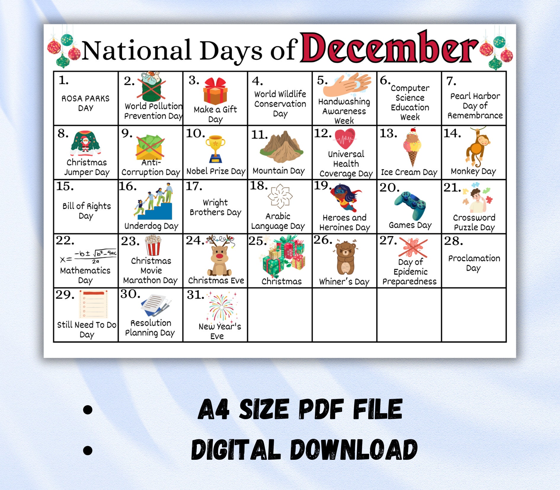 Printable December National Days Calendar, Fun Family Calendar ...