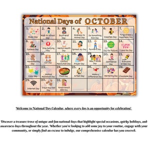 Fun October Holiday Calendar, Printable OCTOBER National Days Calendar ...