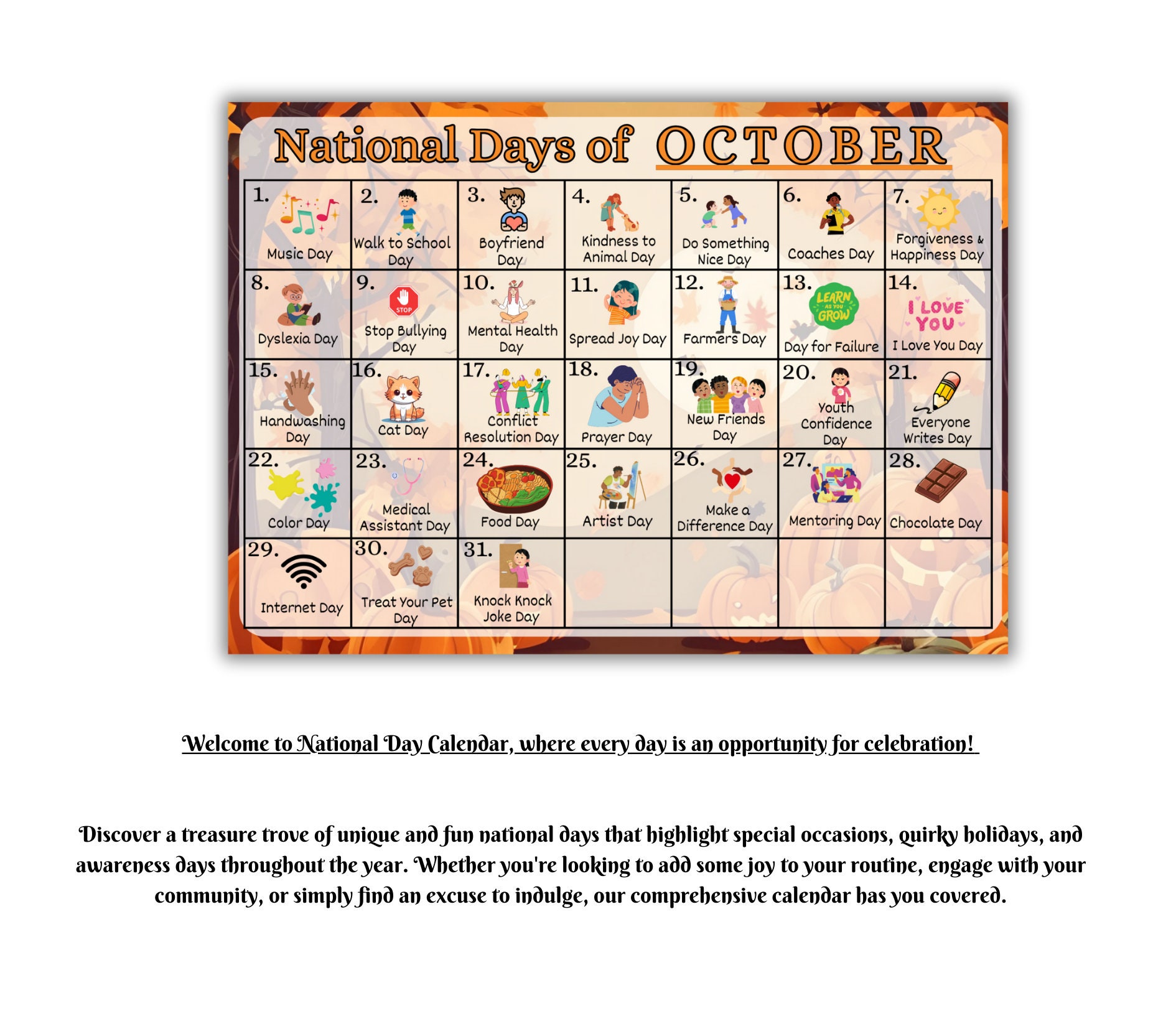 Fun October Holiday Calendar, Printable OCTOBER National Days Calendar ...