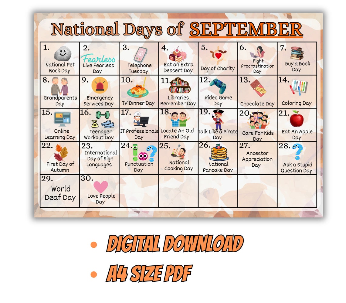 Printable September National Days Calendar, Fun Calendar, September ...