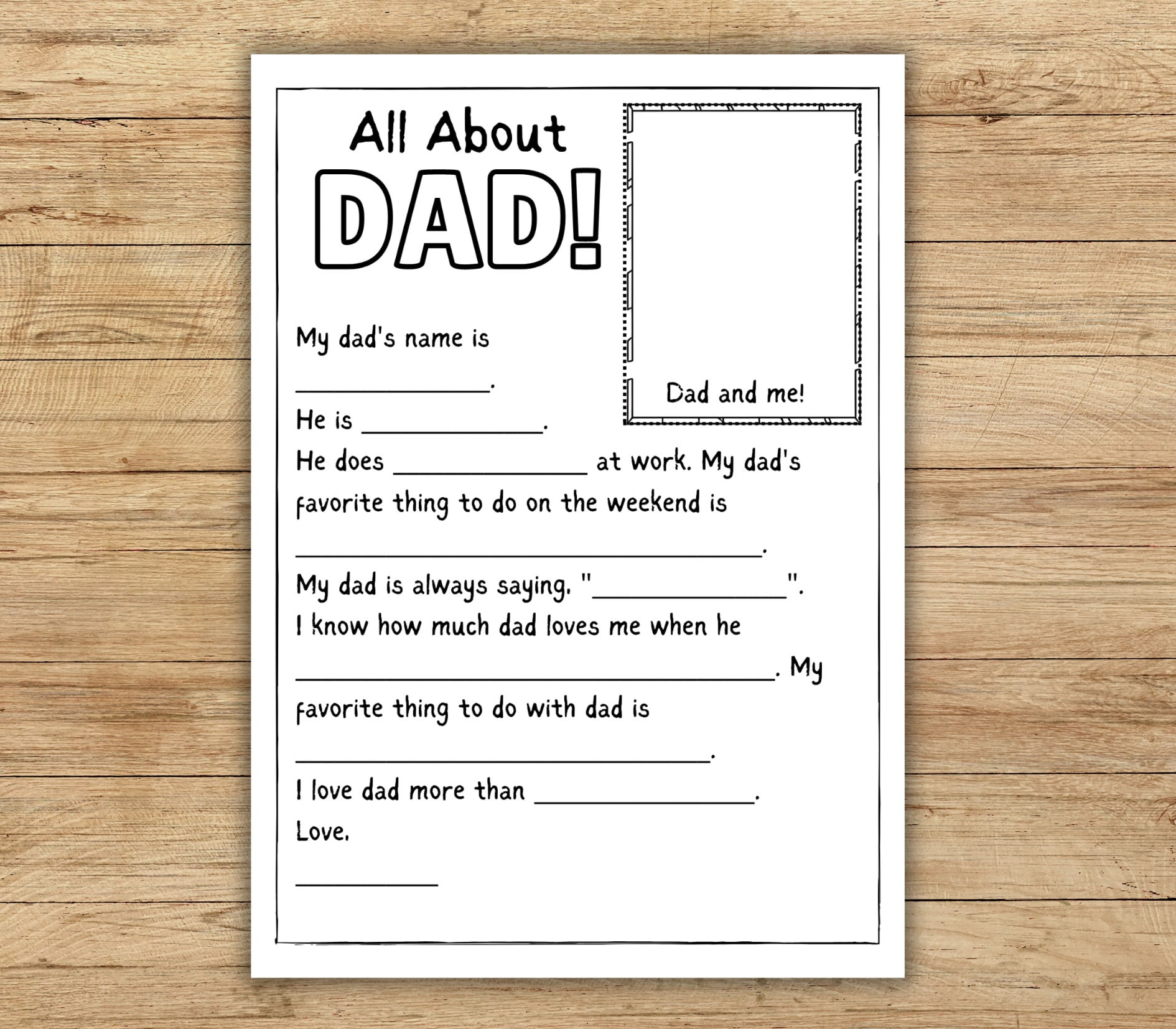 All About Dad Questionnaire, Father's Day Craft, Father's Day Worksheet ...