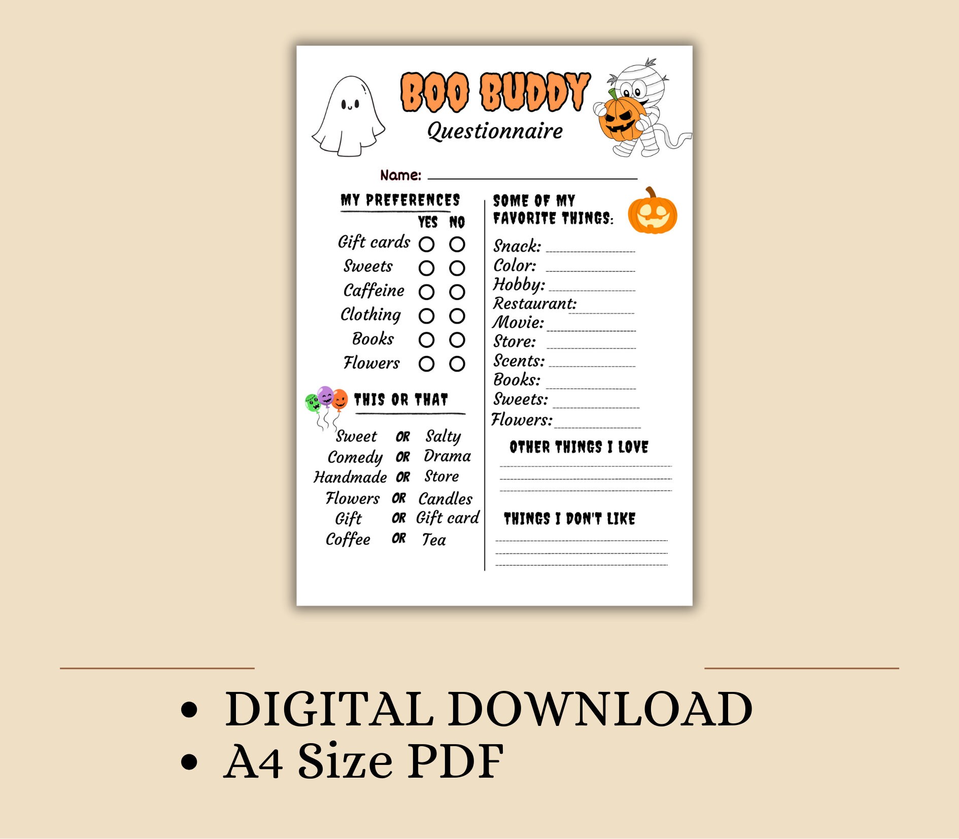 Printable Boo Buddy Questionnaire, Secret Halloween Survey, Halloween ...