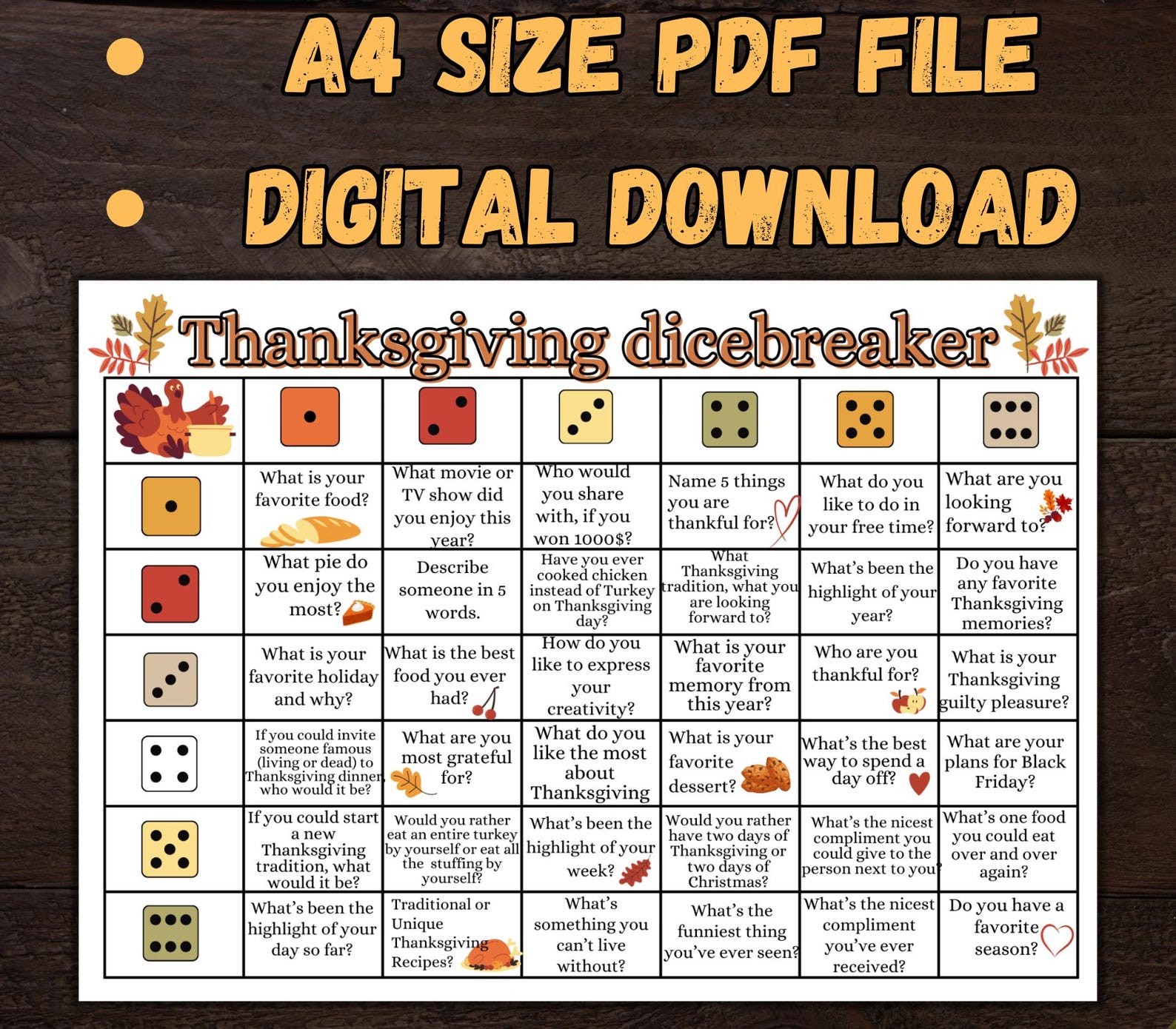 Dicebreaker Roll and Tell Game, Thanksgiving Icebreaker Game ...