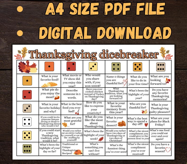 Dicebreaker Roll and Tell Game, Thanksgiving Icebreaker Game ...