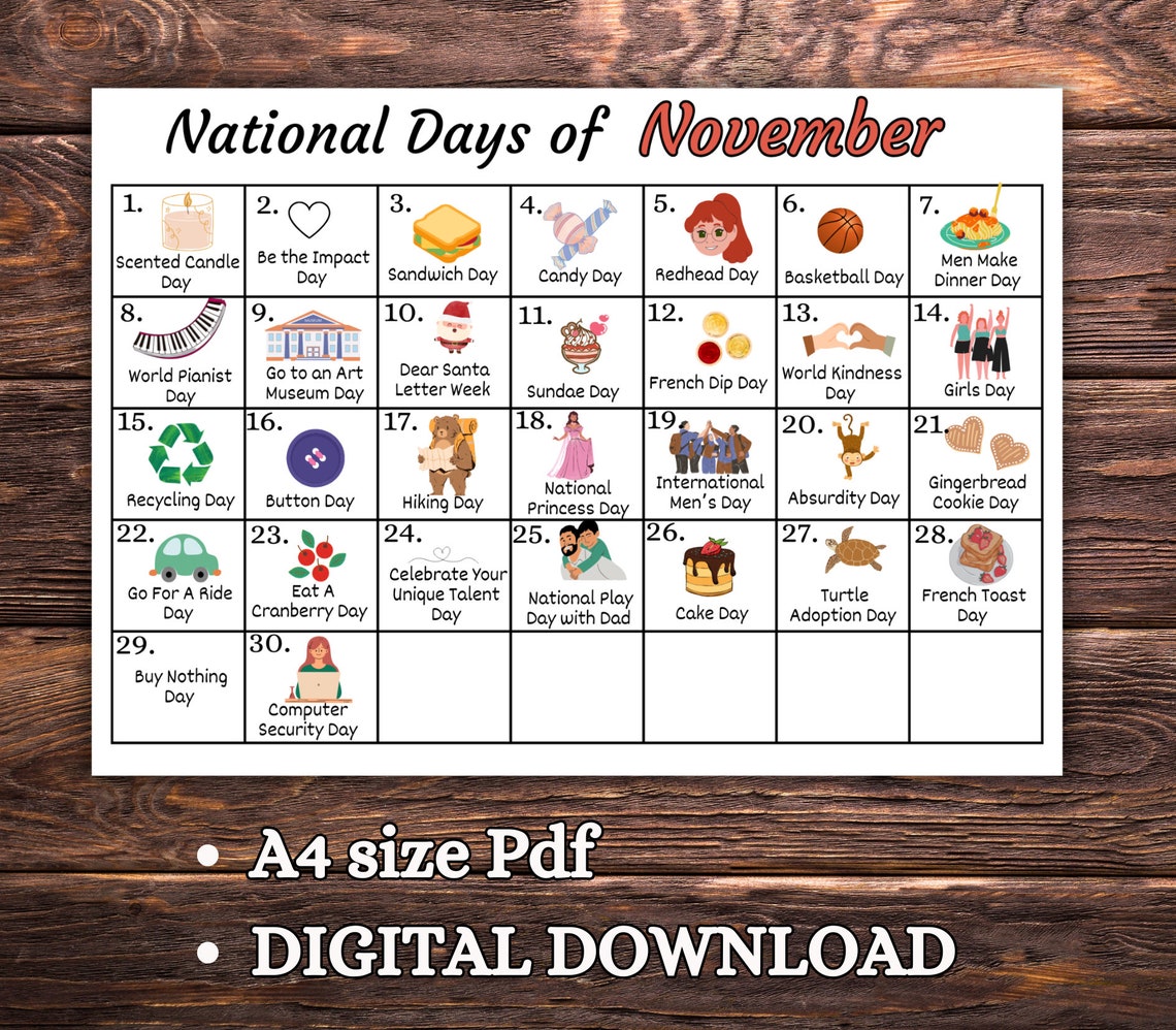 Fun November Holiday Calendar, Printable NOVEMBER National Days ...