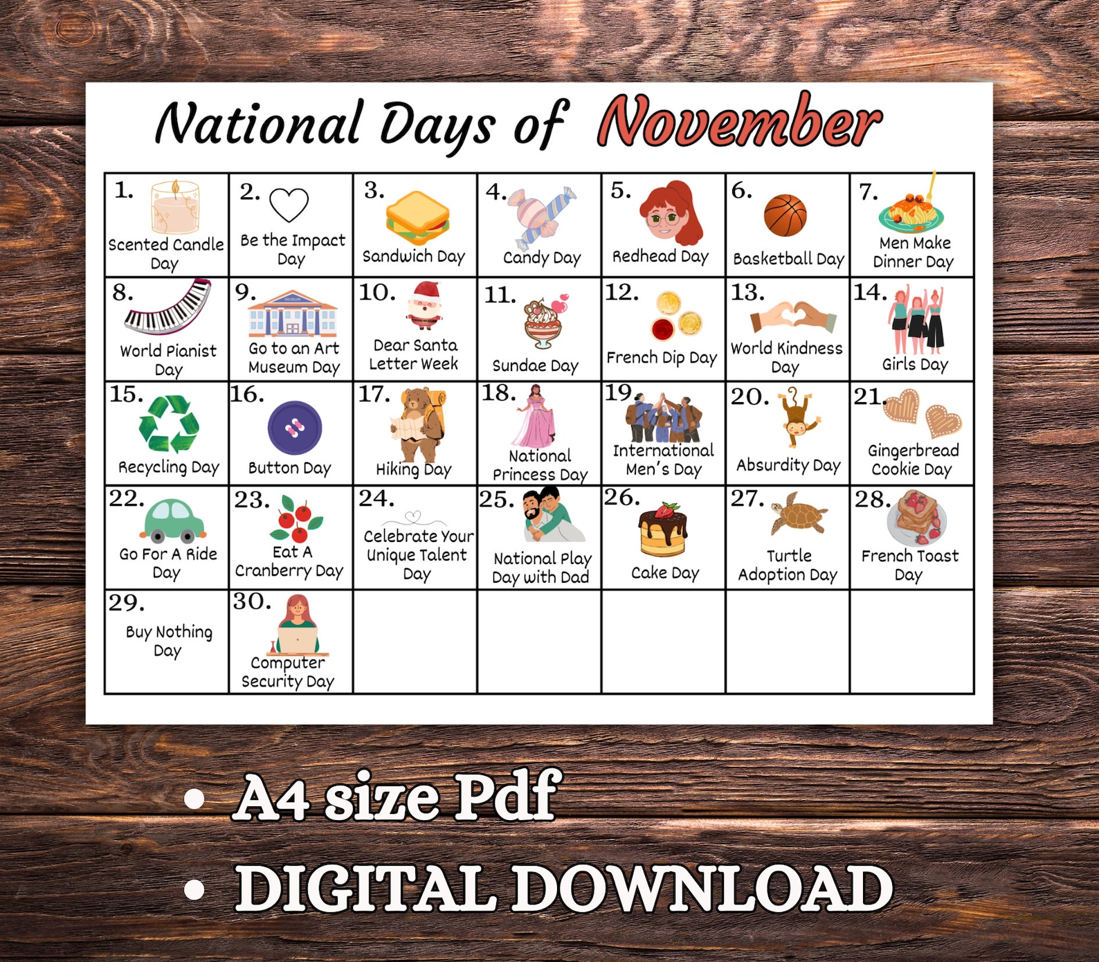 Fun November Holiday Calendar, Printable NOVEMBER National Days ...