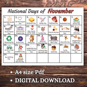 Fun November Holiday Calendar, Printable NOVEMBER National Days ...