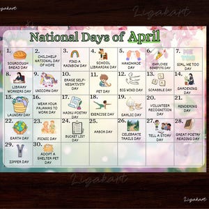 Printable April National Days Calendar, Family Classroom Fun (digital ...