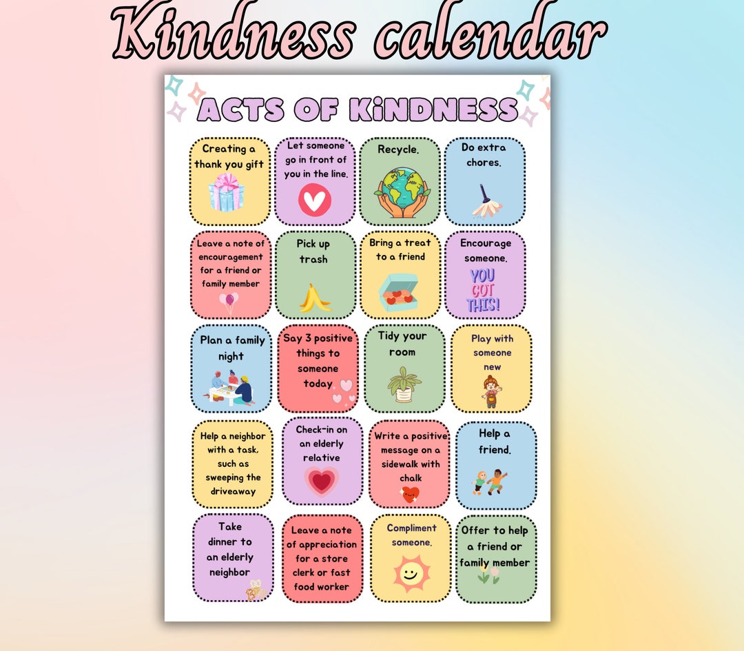 Acts of Kindness Calendar, Kindness Activities for Kids, Random Acts of ...