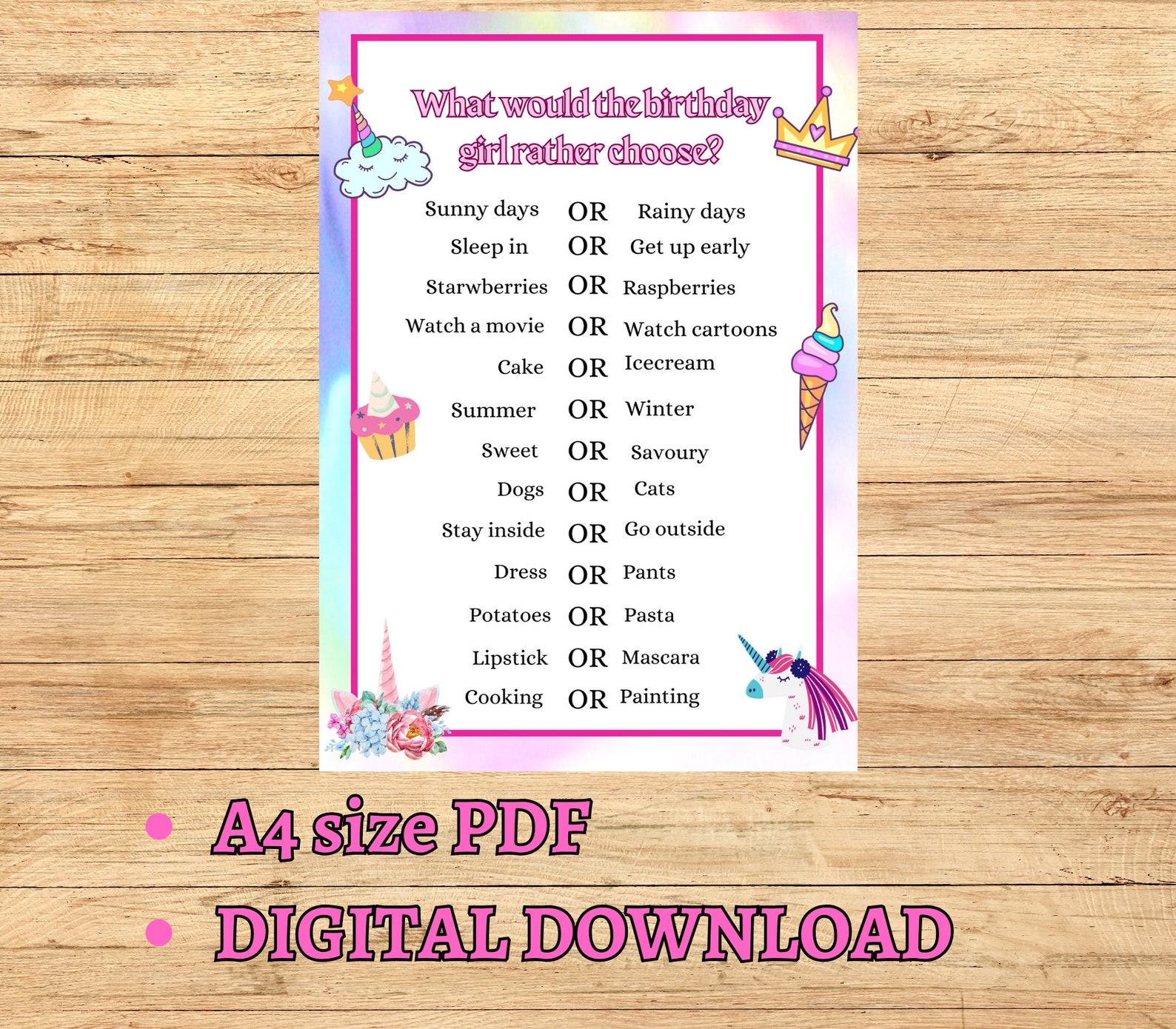 Unicorn Birthday Game Printable, What Would the Birthday Girl Choose ...