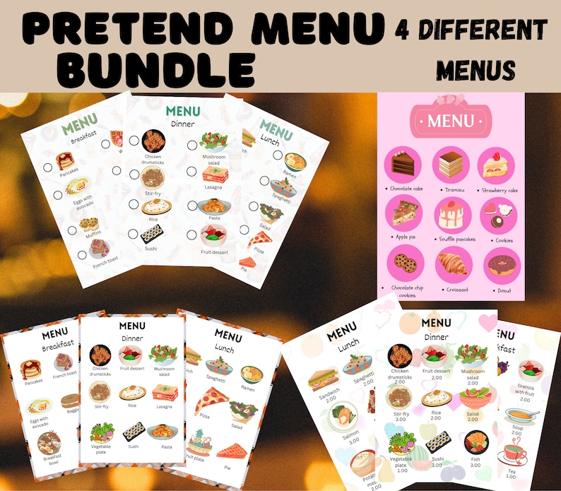 Pretend Play Restaurant Menu Bundle, Kids Kitchen Play Menus, Preschool ...