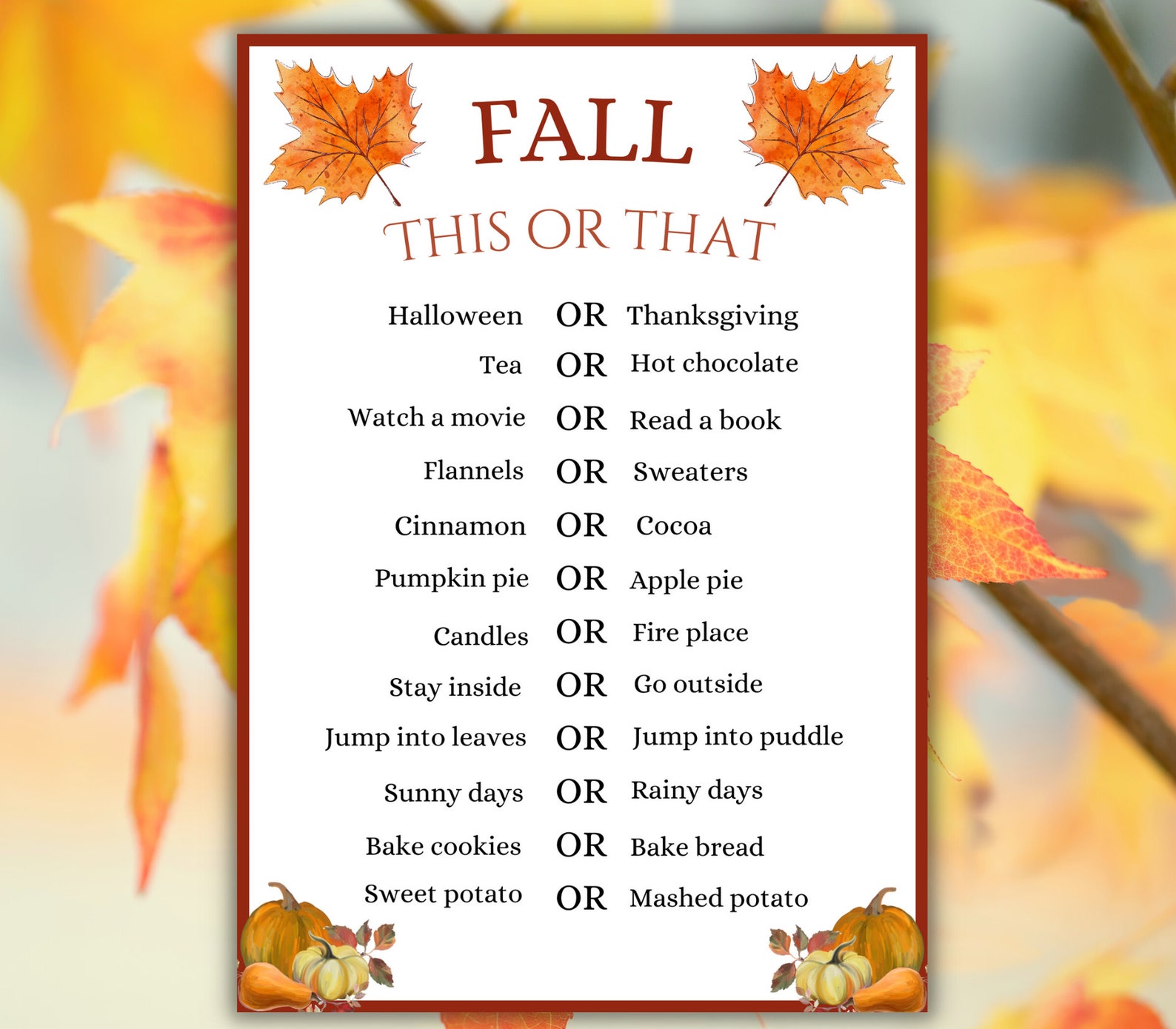 Fall This or That Game, Printable Autumn Party Game, Fall Time ...