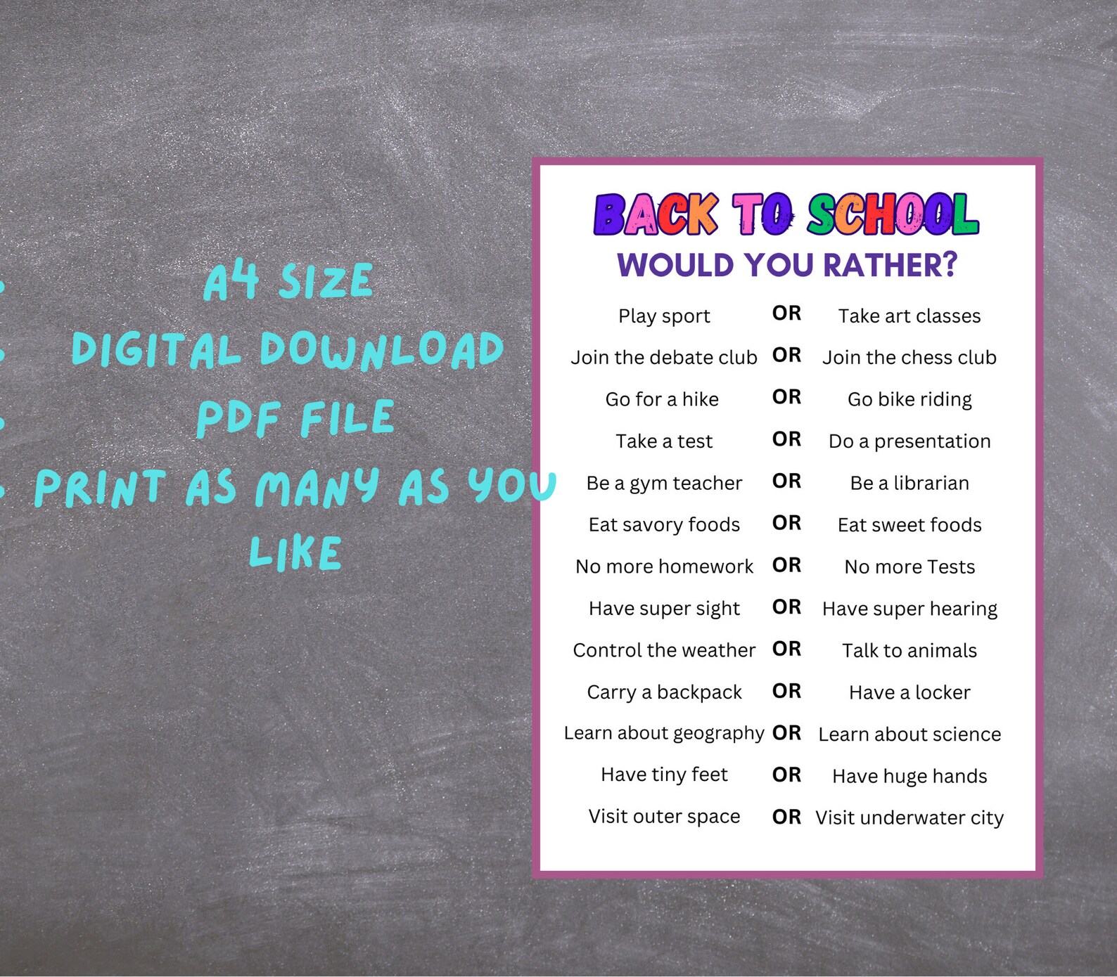 Back to School Game Printable, Back to School Would You Rather ...