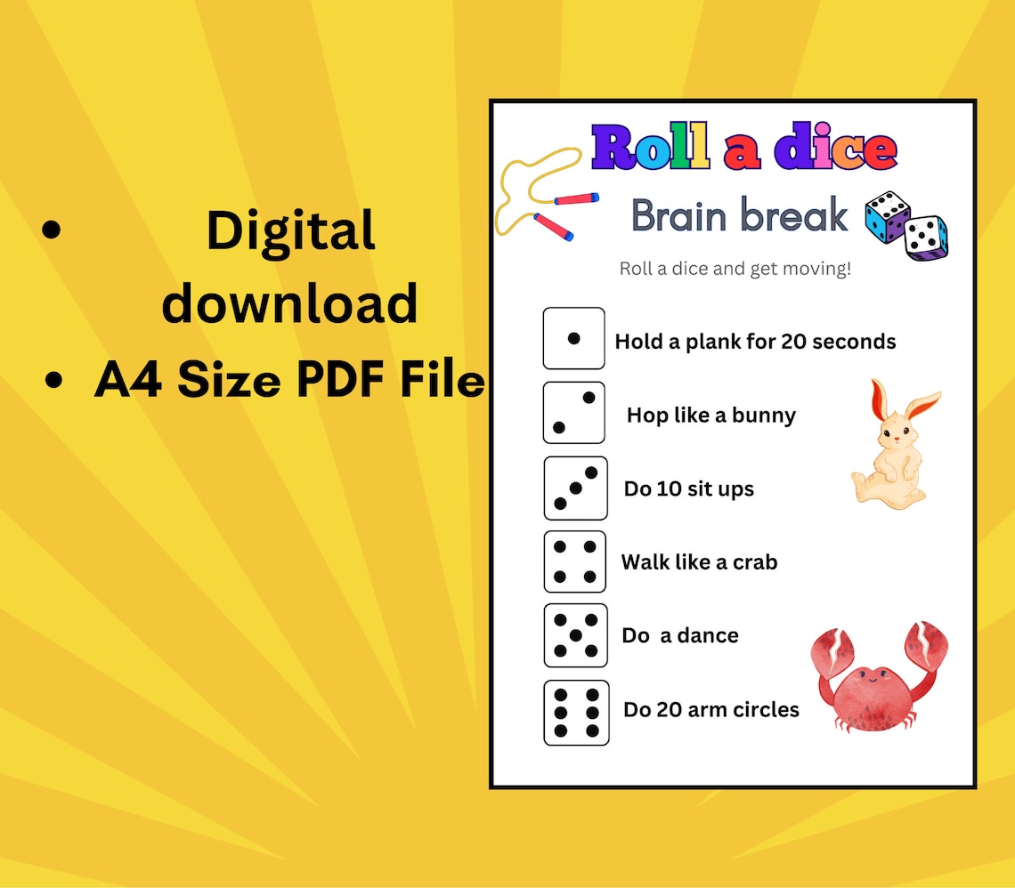 Fitness and Exercise Activity for Kids, Brain Break, Dice Game Movement ...