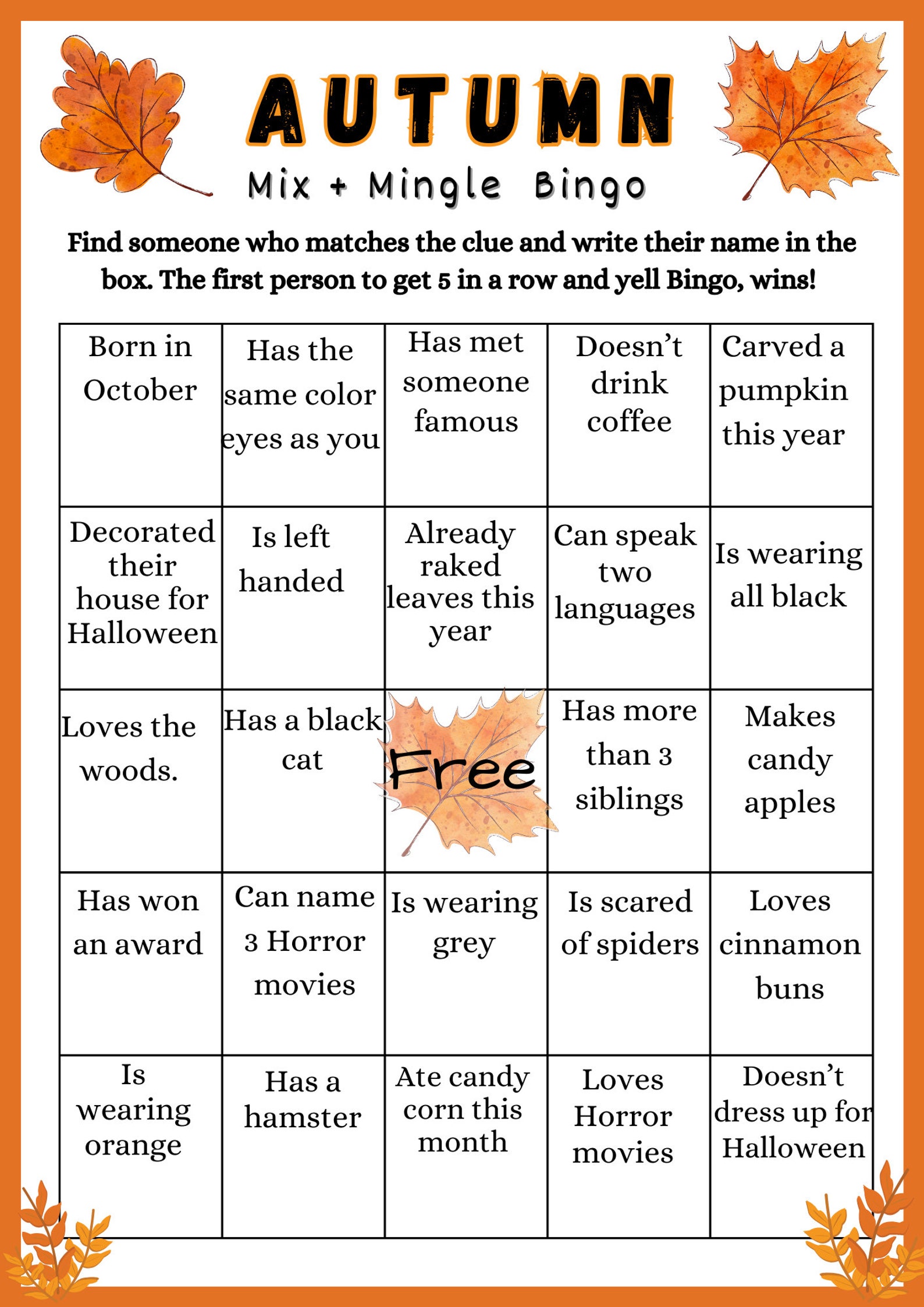 Fall Mix & Mingle Bingo, Fall Find the Guest, Fall Game Bundle, Cute ...