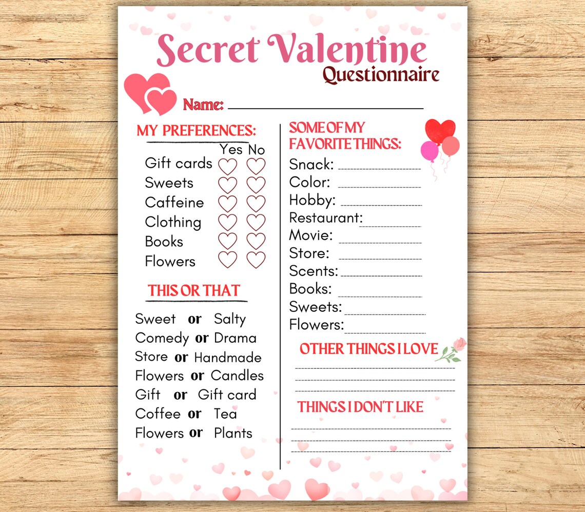 Secret Valentine Survey Questionnaire, Valentine's Day Gift Exchange ...