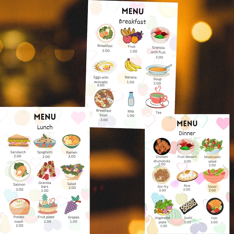 Printable Pretend Play Healthy Menus, Kids Breakfast, Lunch, Dinner ...