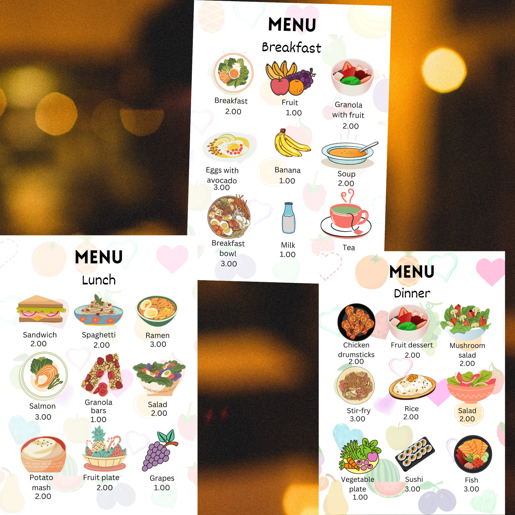 Printable Pretend Play Healthy Menus, Kids Breakfast, Lunch, Dinner ...