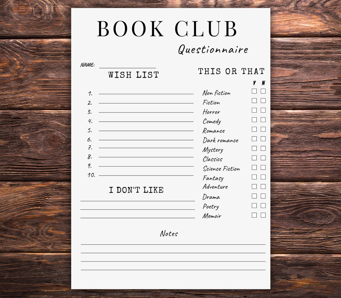Book Club Questionnaire, Printable Gift Questionnaire, Bookclub Gift ...
