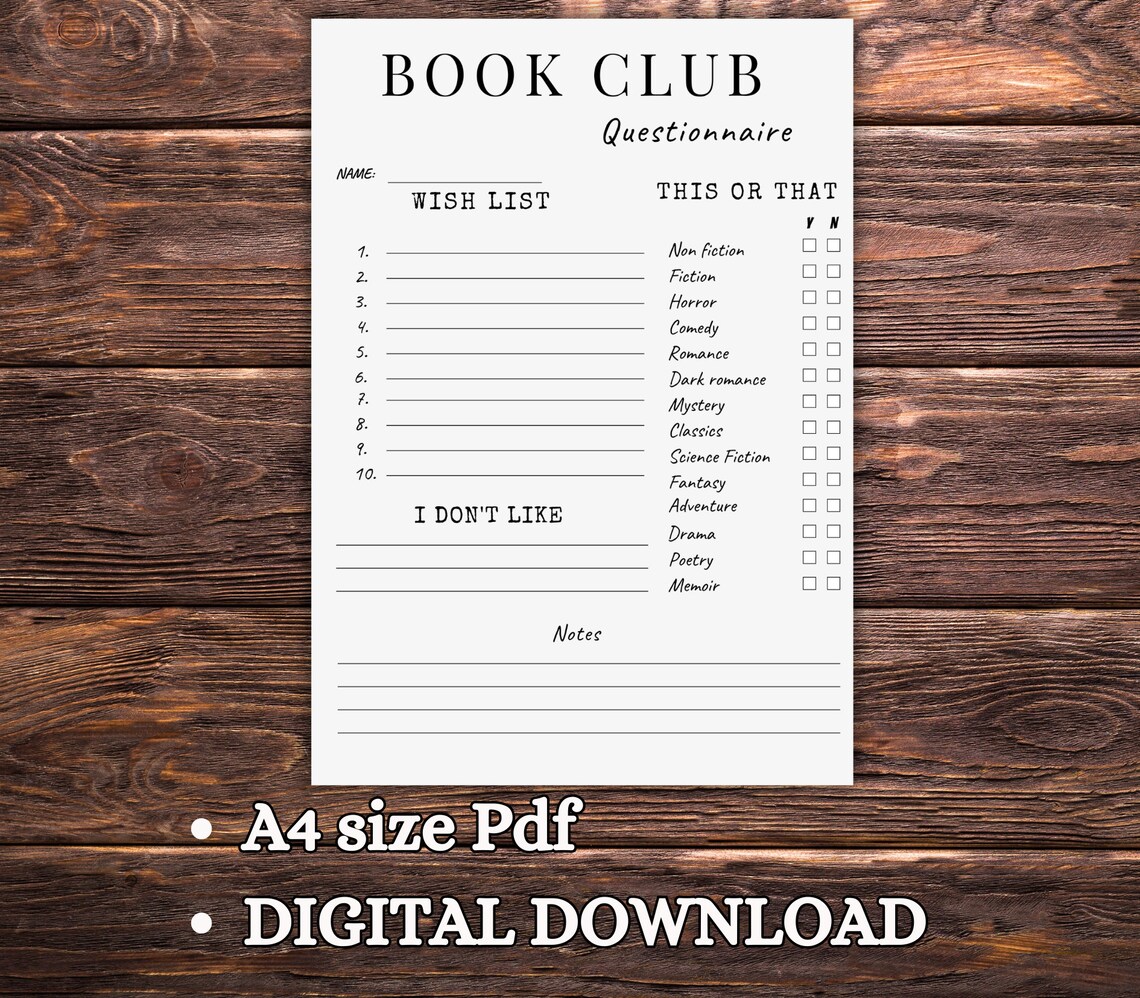 Book Club Questionnaire, Printable Gift Questionnaire, Bookclub Gift ...