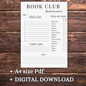Book Club Questionnaire, Printable Gift Questionnaire, Bookclub Gift ...