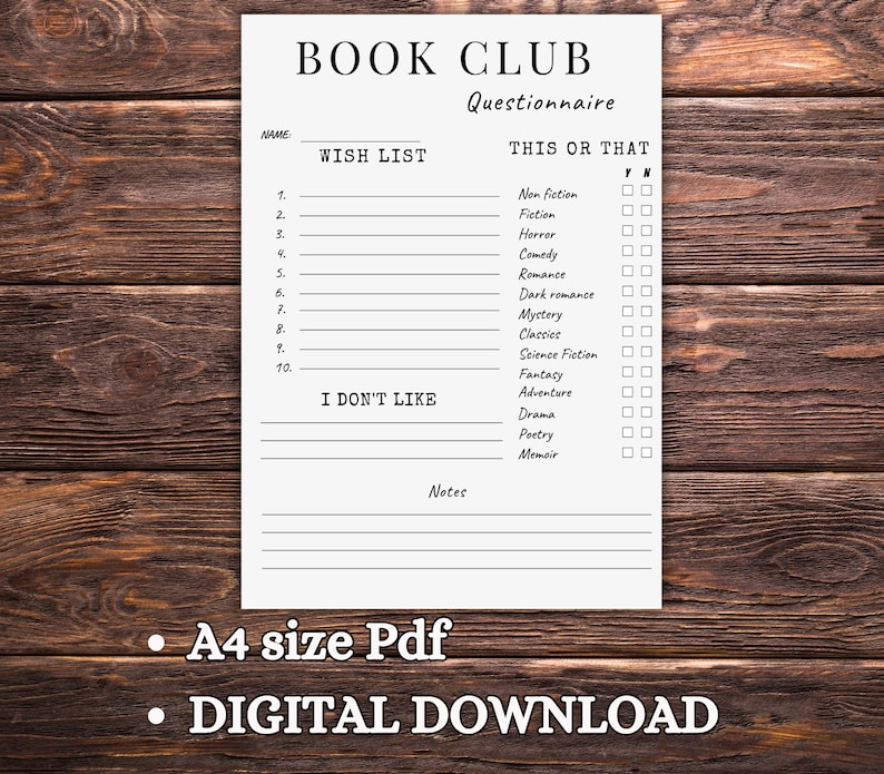 Book Club Questionnaire, Printable Gift Questionnaire, Bookclub Gift ...