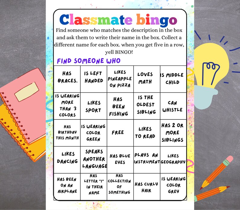 Back to School Game Classmate Find Someone Who Bingo First - Etsy