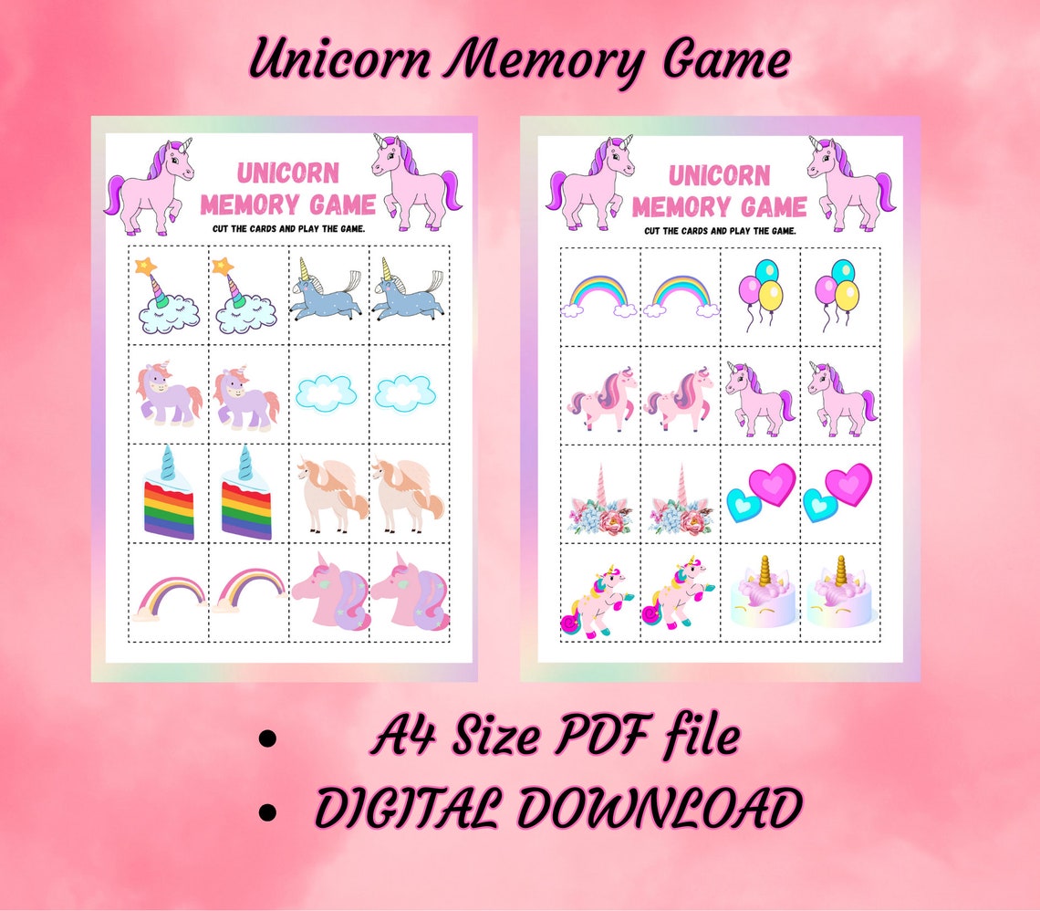 Unicorn Memory Game, Unicorn Matching Game, Fun Game for Kids, Printable Game for Kids, Activity ...
