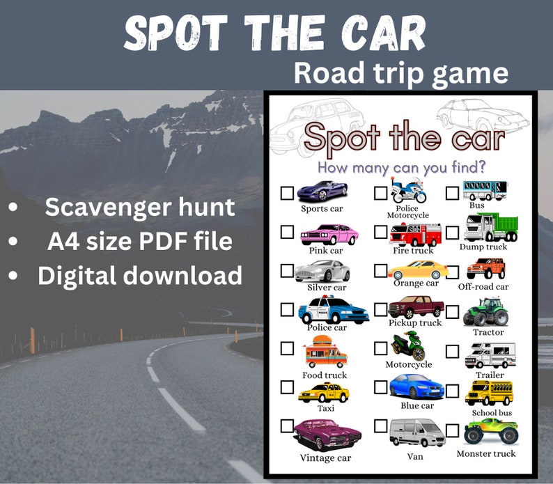 Spot the Car Road Trip Game, Car Scavenger Hunt, Printable Game for ...