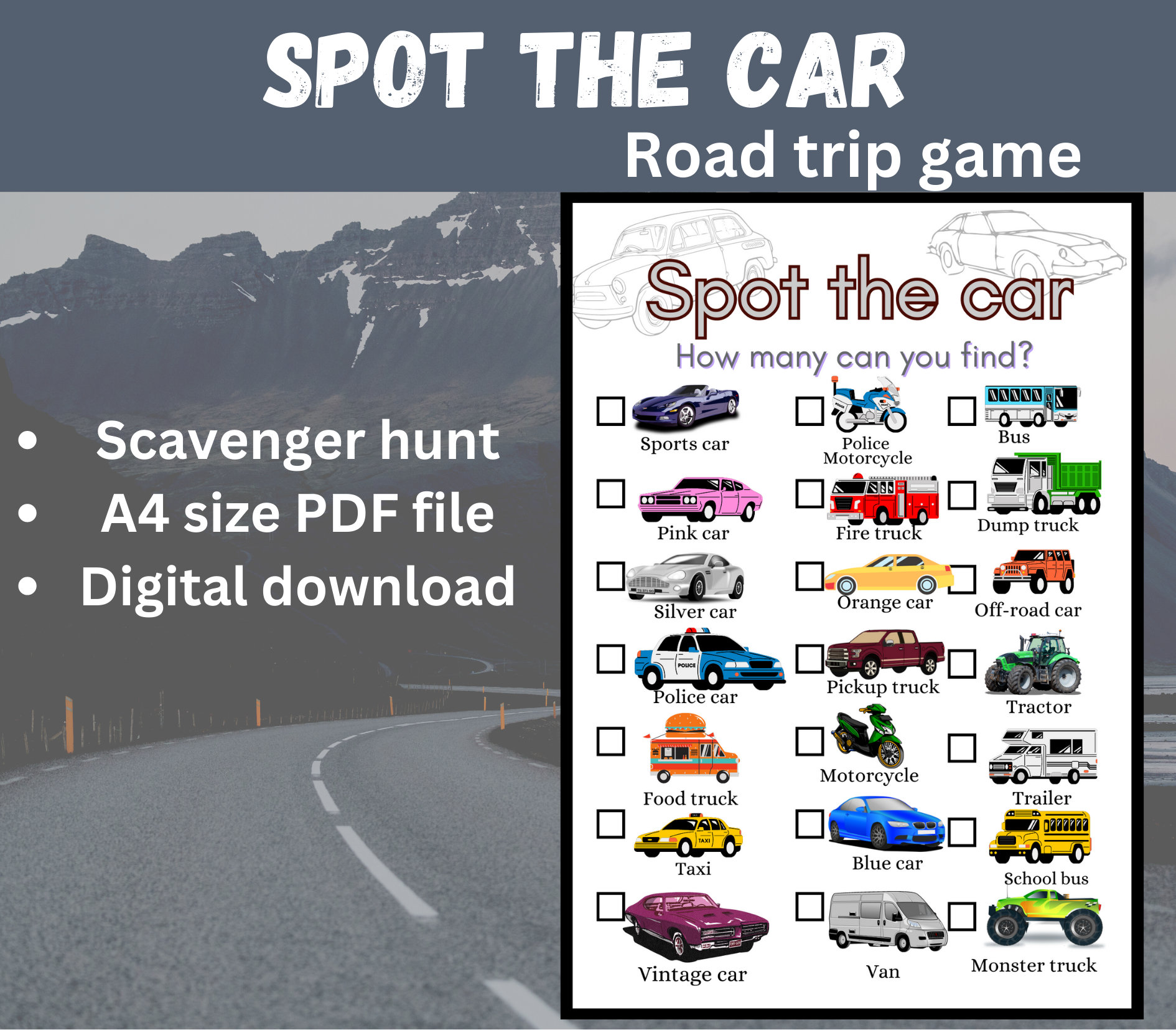 Spot the Car Road Trip Game, Car Scavenger Hunt, Printable Game for ...