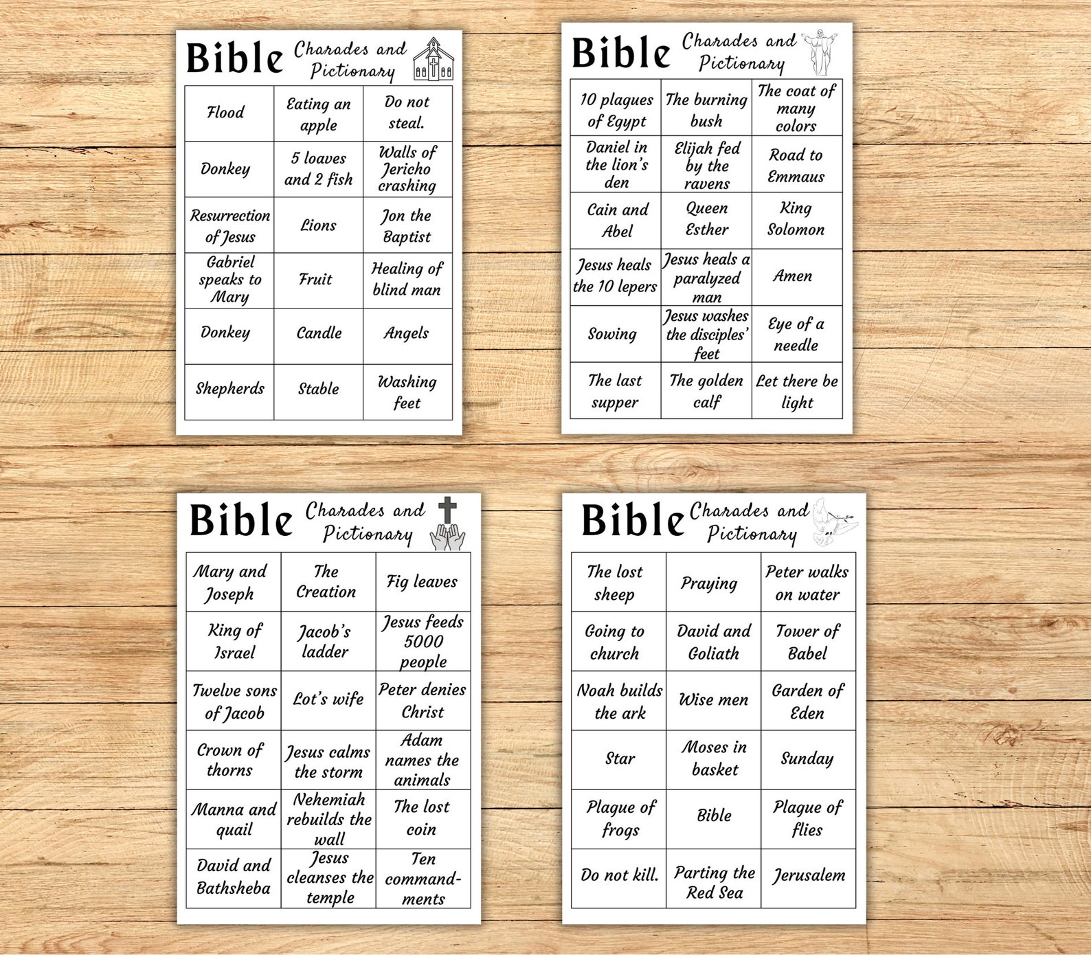 Bible Charades, Printable Bible Pictionary Cards, Printable Bible Games ...
